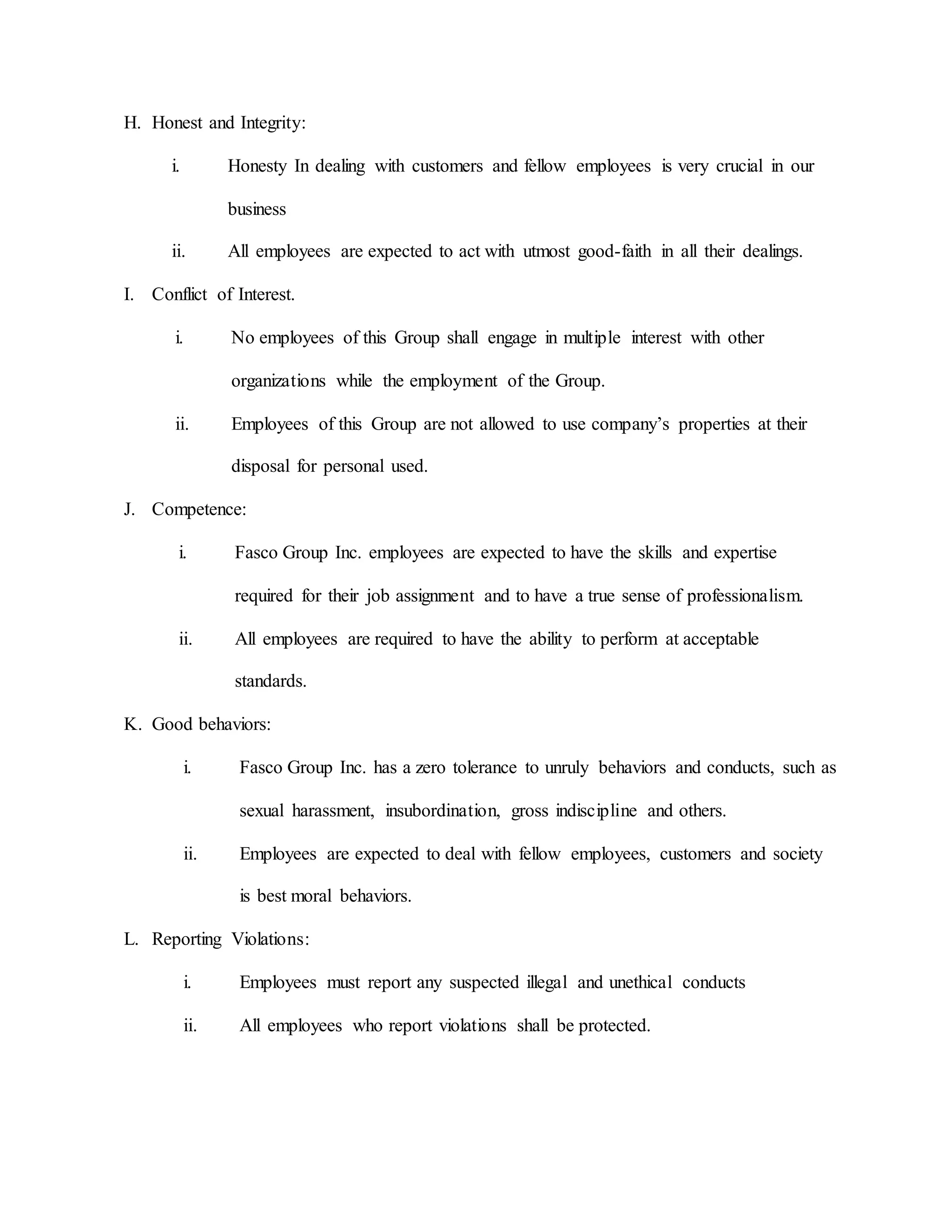 Sample of company code of ethics and evaluation | DOCX