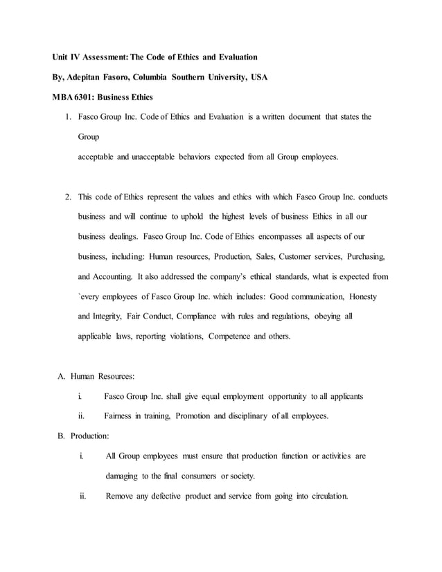 Sample of company code of ethics and evaluation | DOCX | Human ...