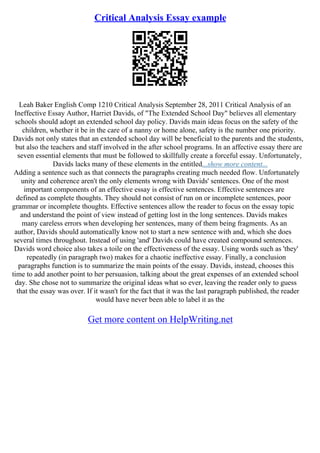 Sample Of Critical Analysis Essay | PDF | Substance Abuse | Diseases ...