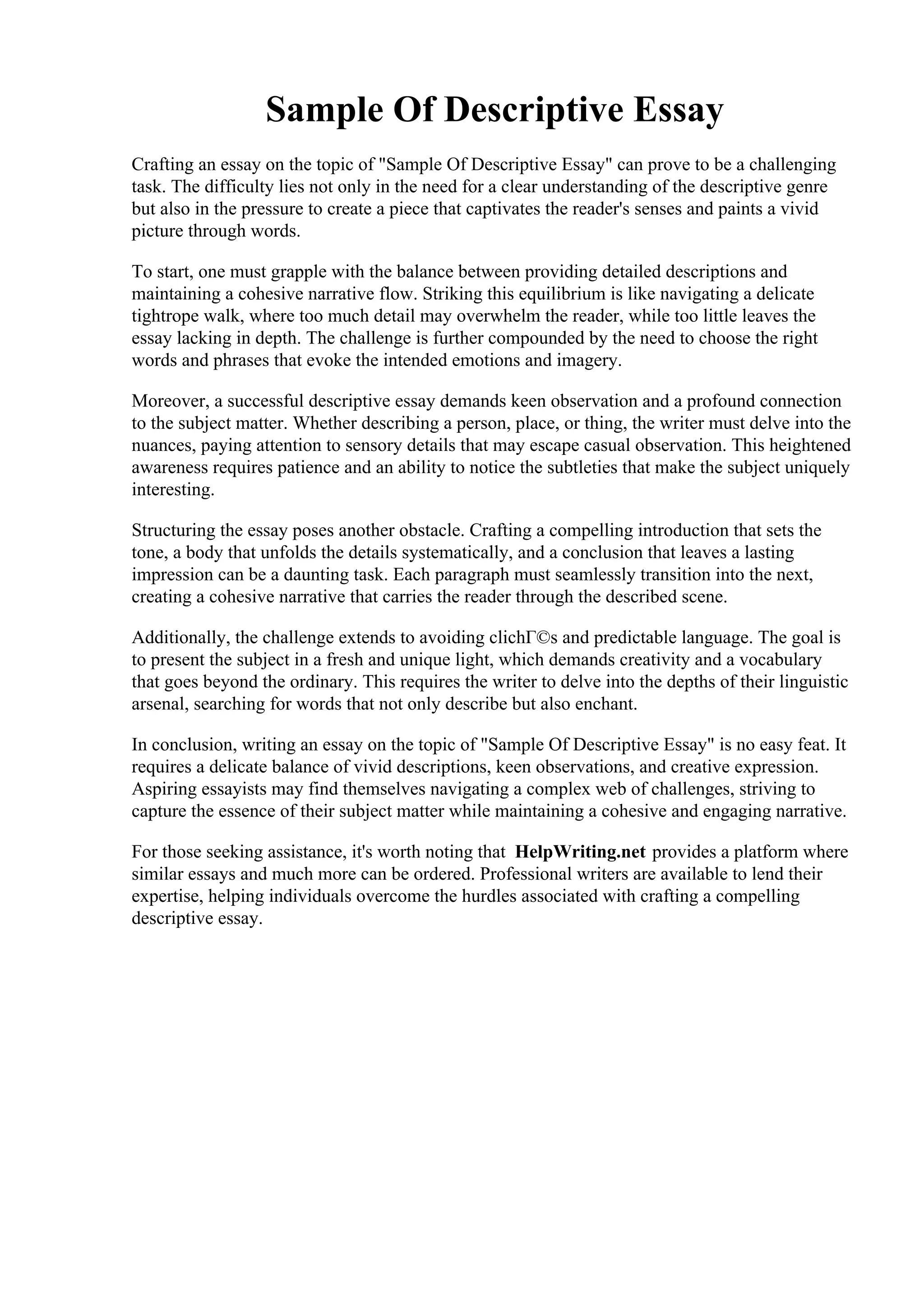 Sample Of Descriptive Essay | PDF