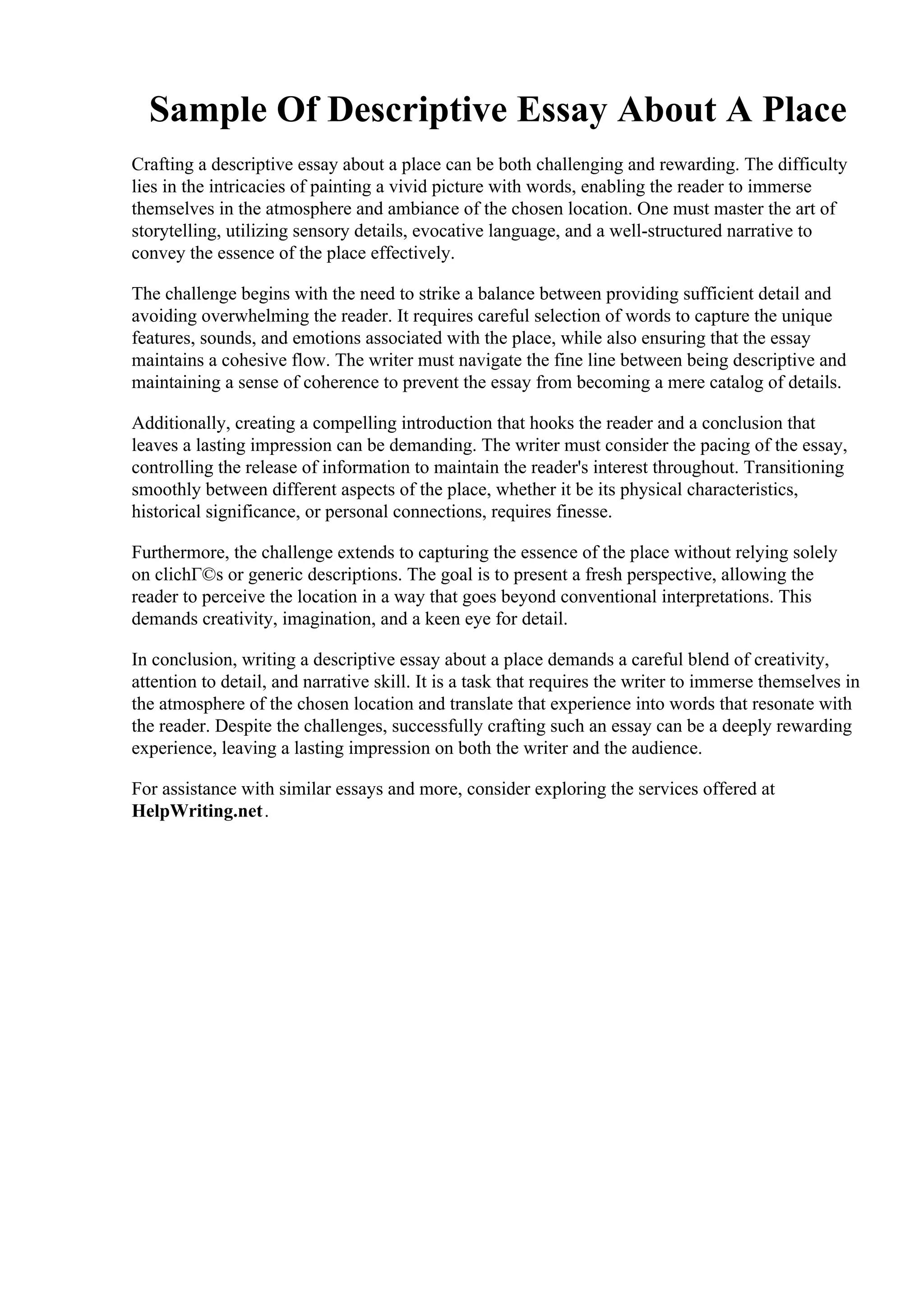Sample Of Descriptive Essay About A Place | PDF