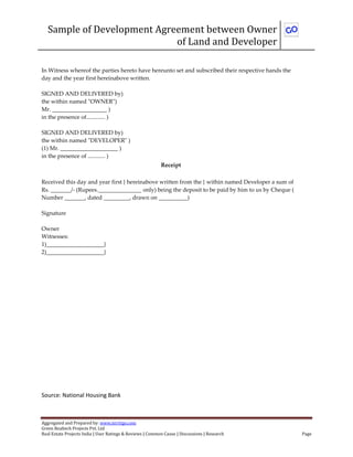 Sample of development joint venture agreement between owner of land and ...