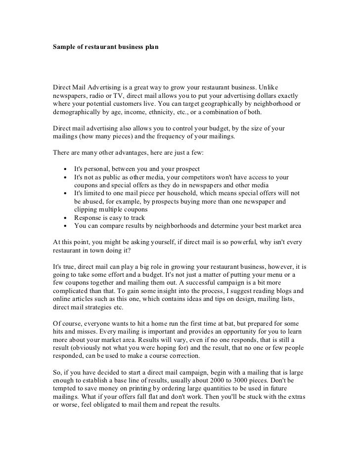 Sample of restaurant business plan