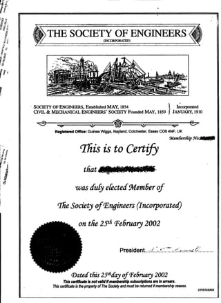 Sample of the Society of Engineers ' Membership Certificate | PDF