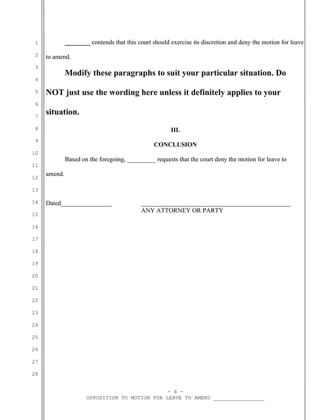 Sample opposition to California motion for leave to amend | DOC