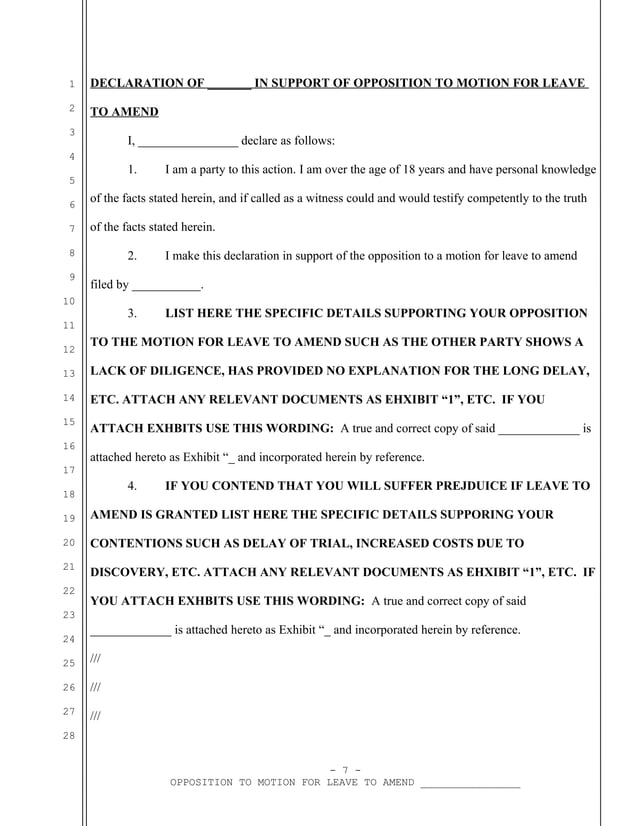 Sample opposition to California motion for leave to amend | DOC