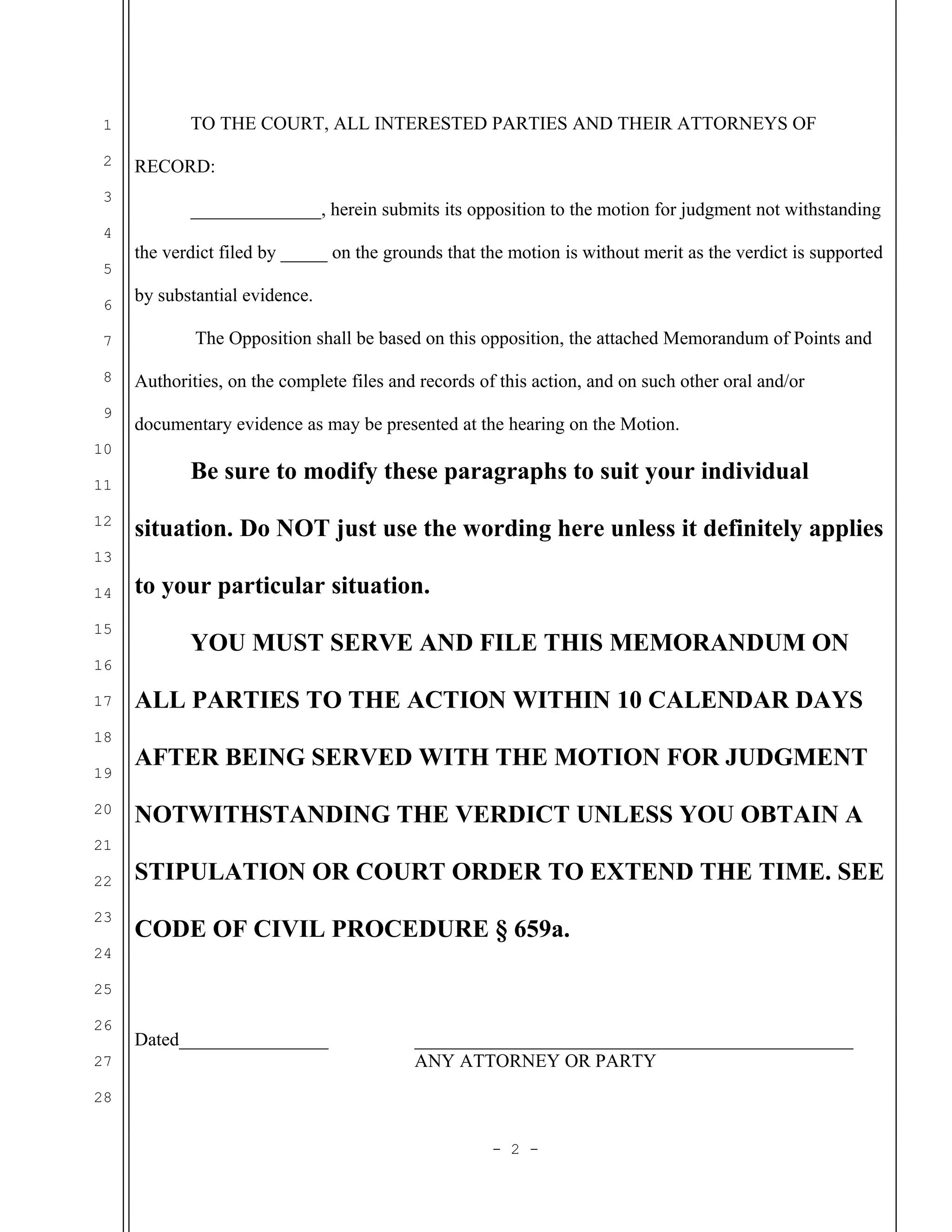 Sample opposition to motion for judgment notwithstanding the verdict for california | DOC