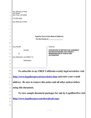 Sample opposition to motion for judgment notwithstanding the verdict ...