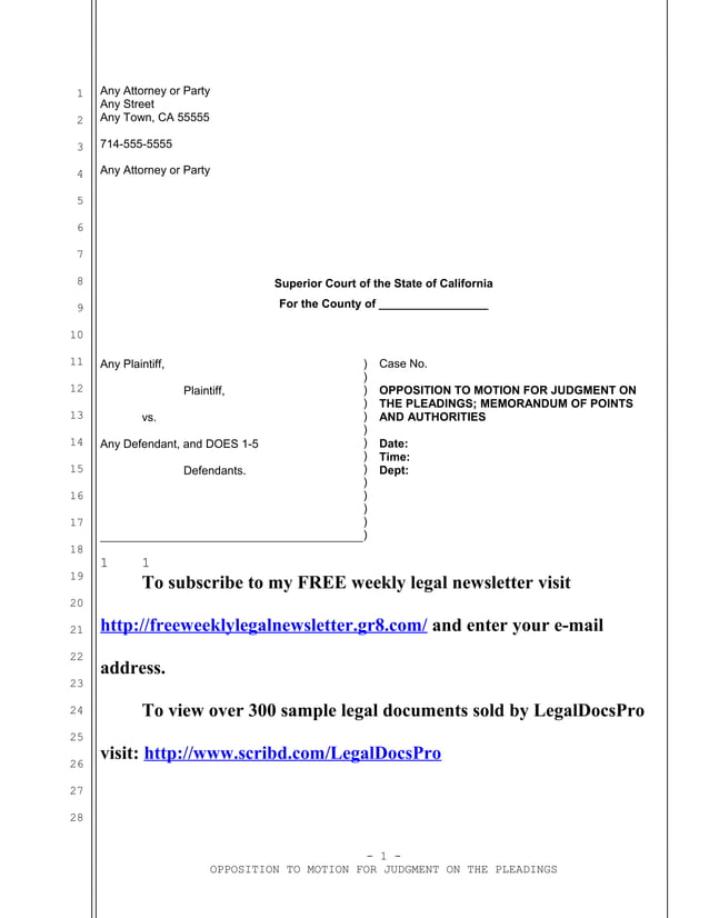 Sample plaintiffs opposition to motion for judgment on the pleadings in ...