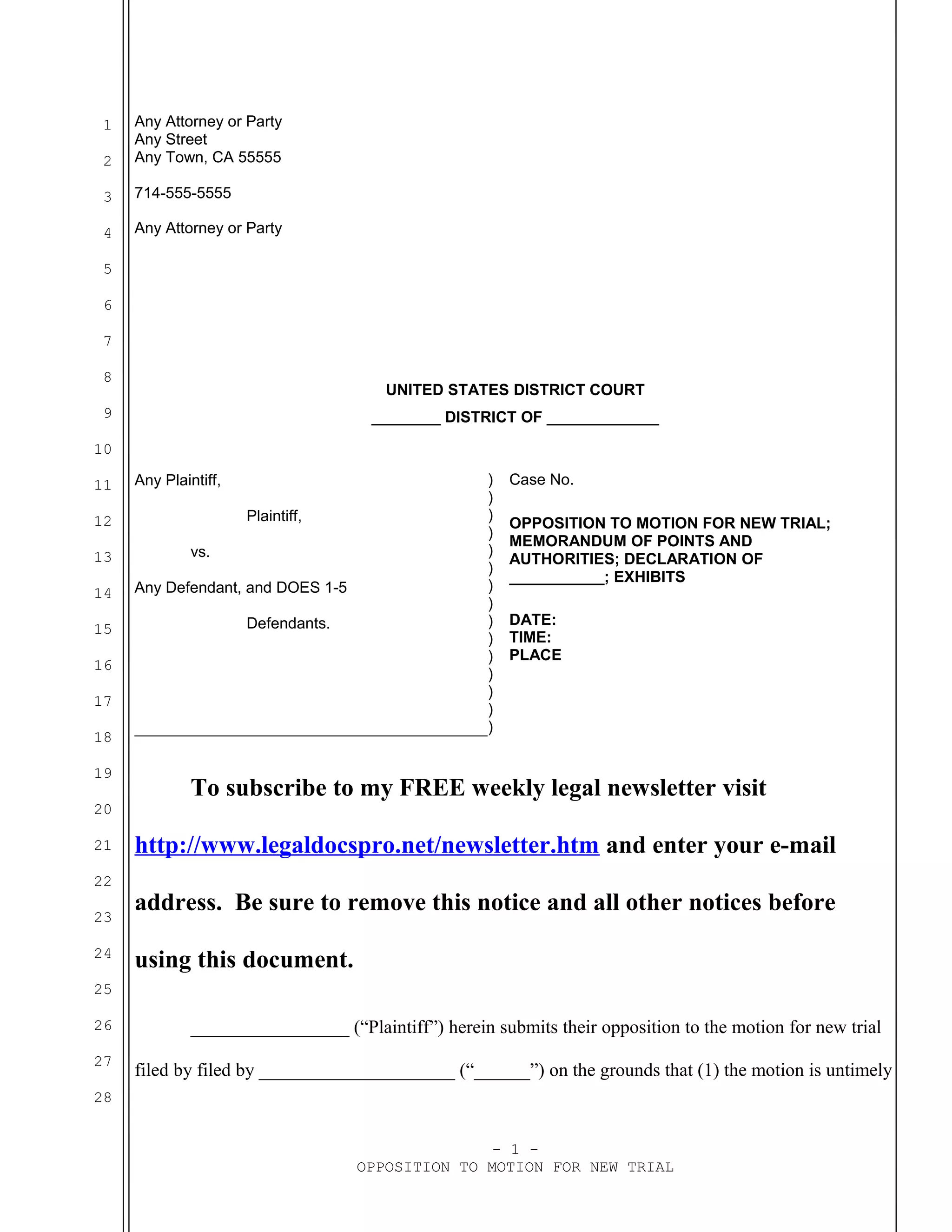 Sample opposition to motion for new trial in United States District ...