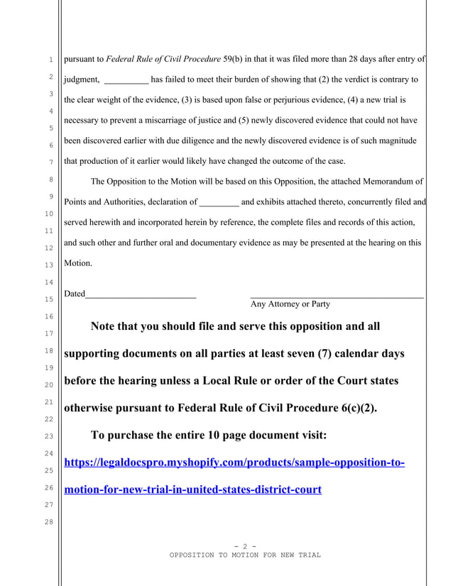 Sample opposition to motion for new trial in United States District ...