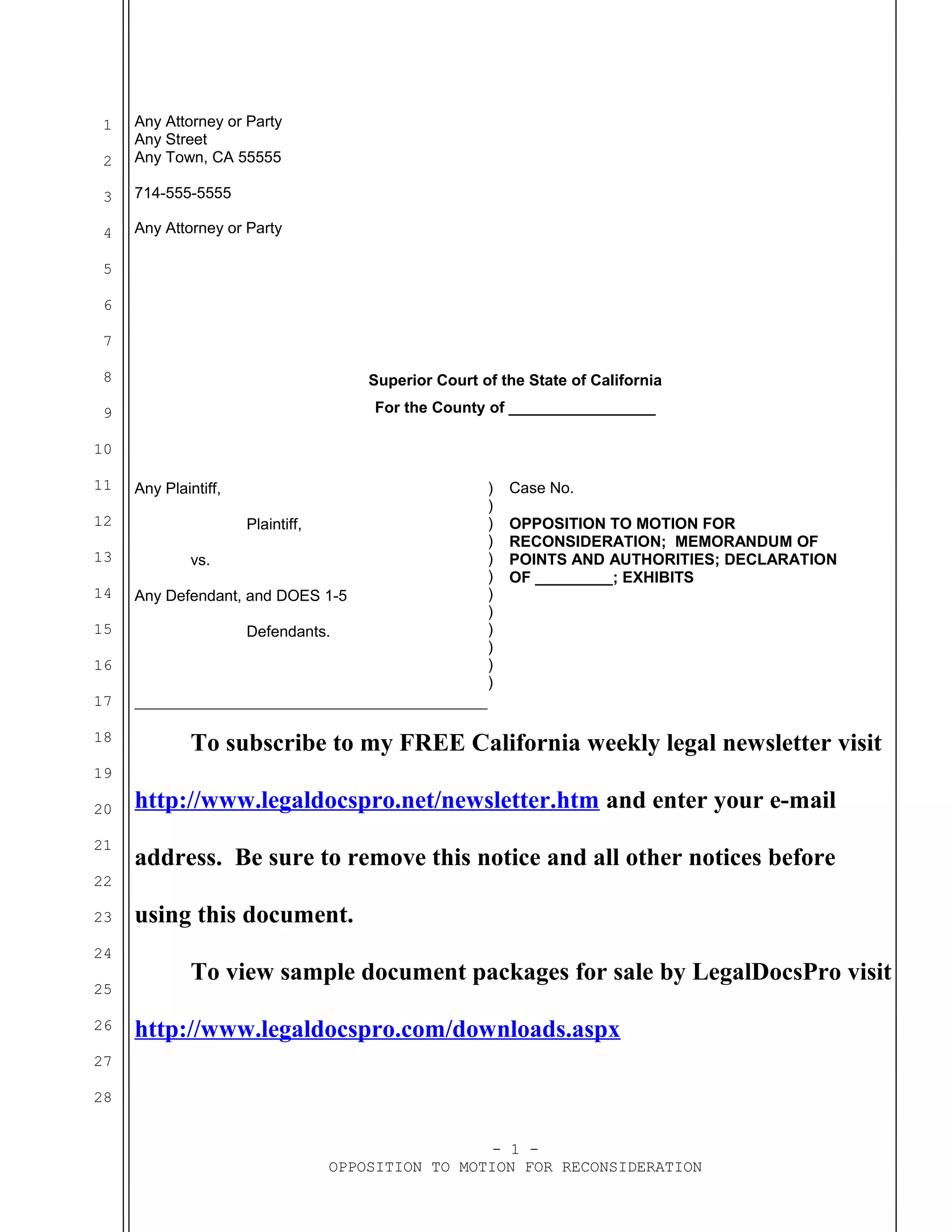 Sample opposition to motion for reconsideration in California | DOC