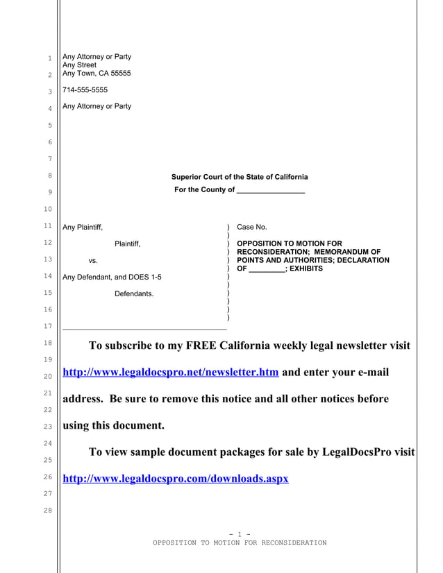 Sample opposition to motion for reconsideration in California | DOC | Law