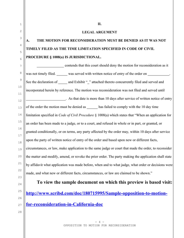 Sample opposition to motion for reconsideration in California | DOC | Law