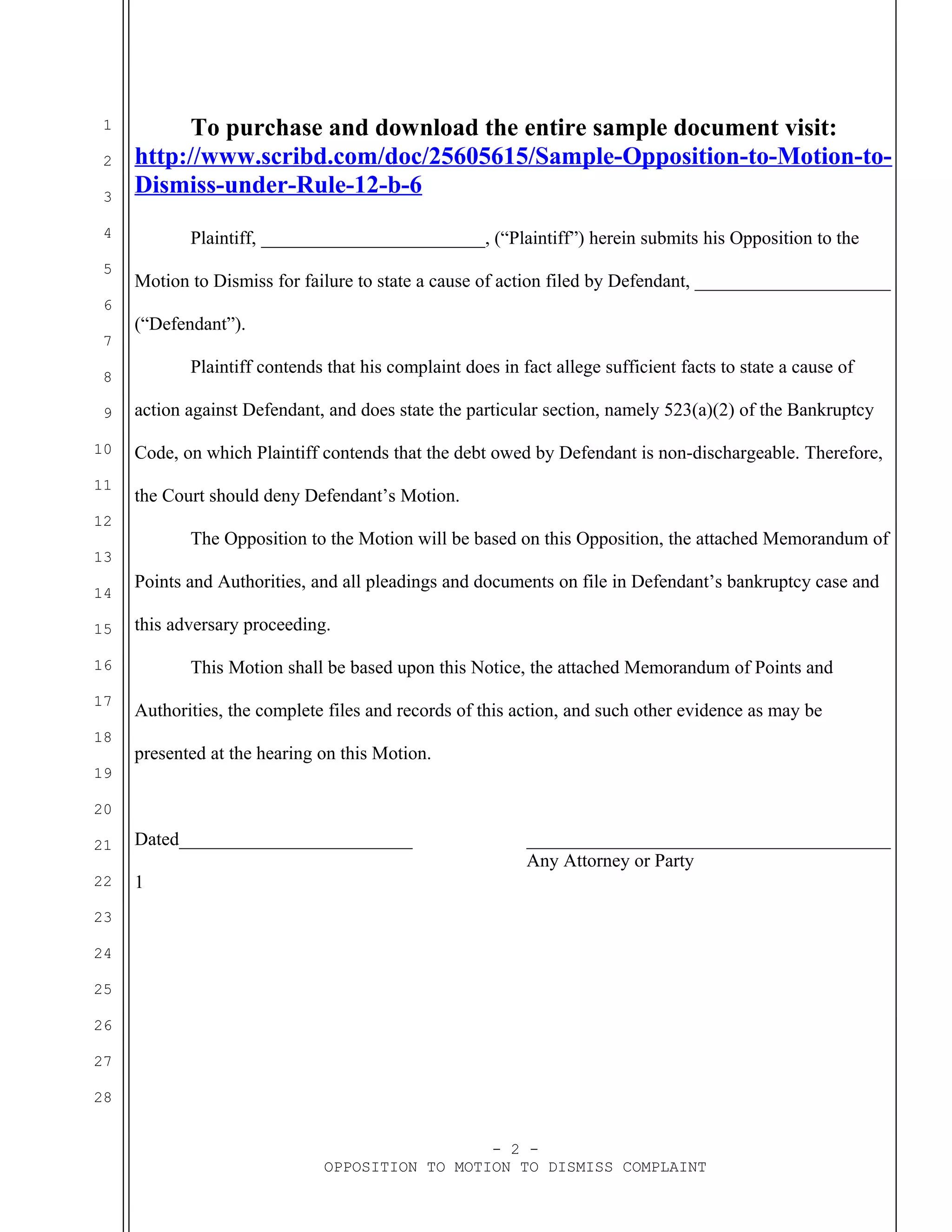 Sample opposition to motion to dismiss under rule 12(b)(6) | DOC