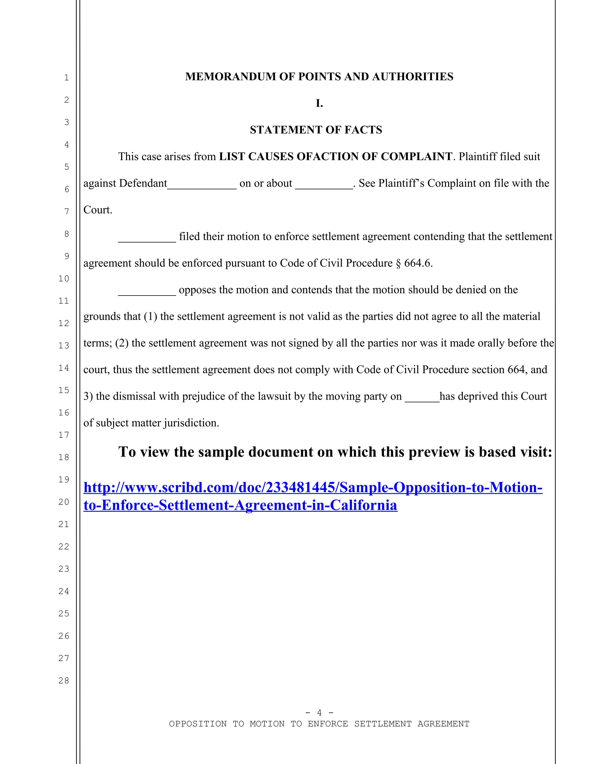 Sample opposition to motion to enforce settlement agreement in ...