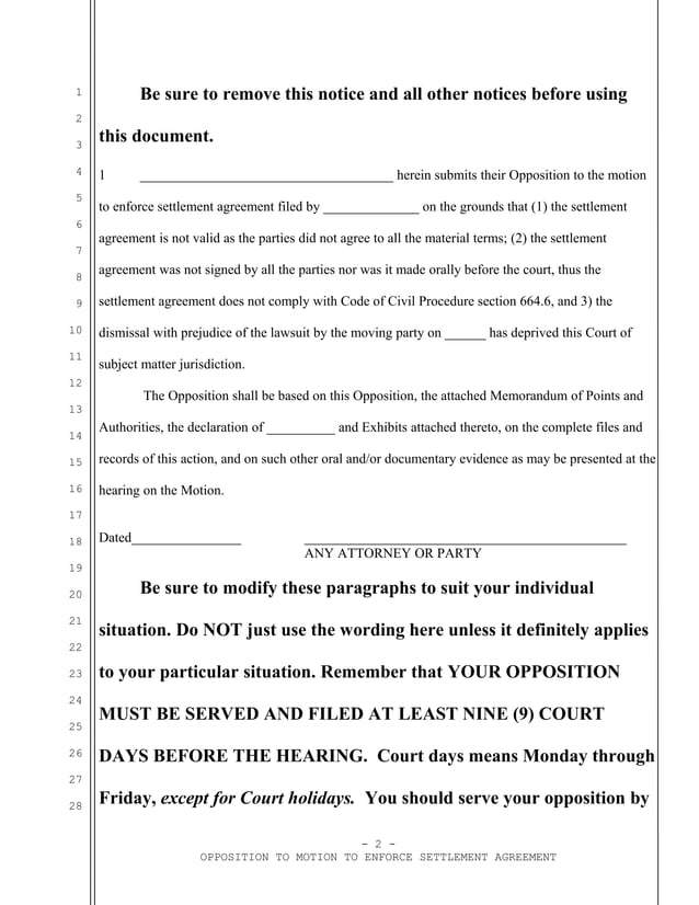 Sample opposition to motion to enforce settlement agreement in ...