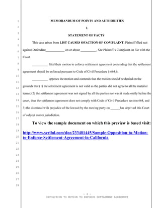 Sample opposition to motion to enforce settlement agreement in ...