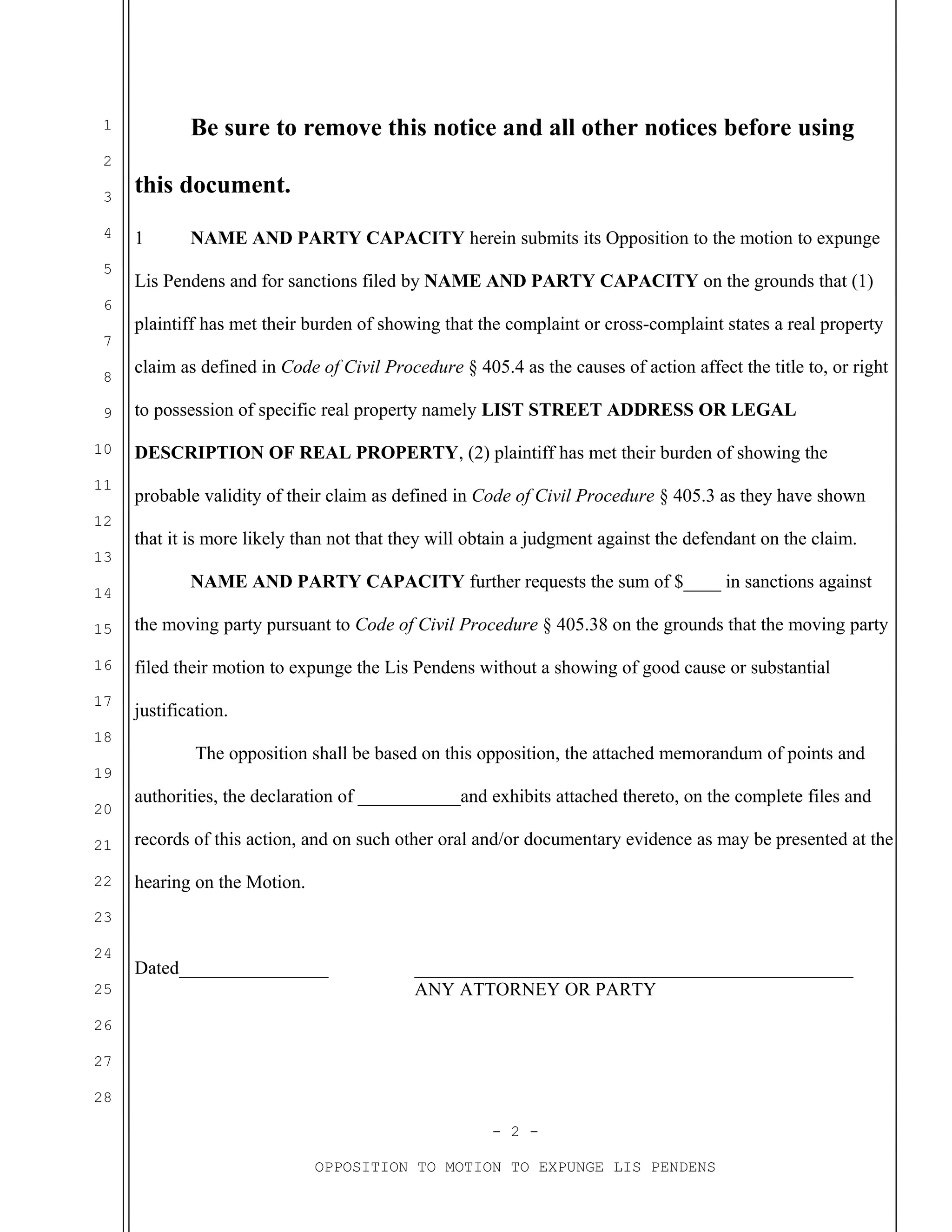 Sample opposition to motion to expunge lis pendens in california | DOC