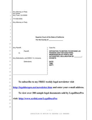 Sample opposition to motion to expunge lis pendens in california | DOC
