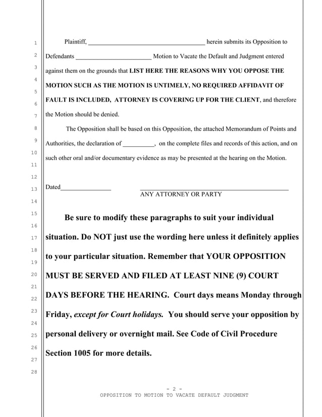 Sample opposition to motion to vacate in California with an attorney ...