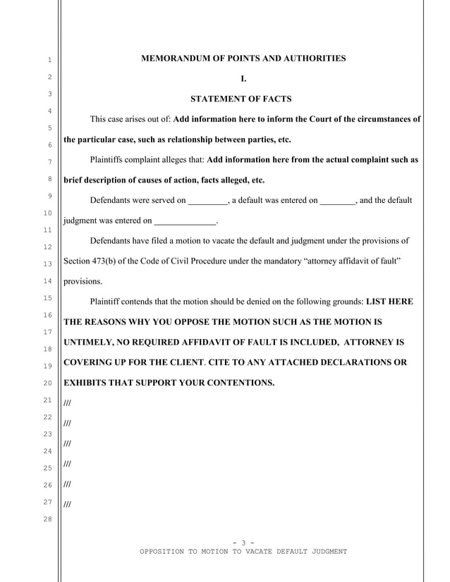 Sample opposition to motion to vacate in California with an attorney ...