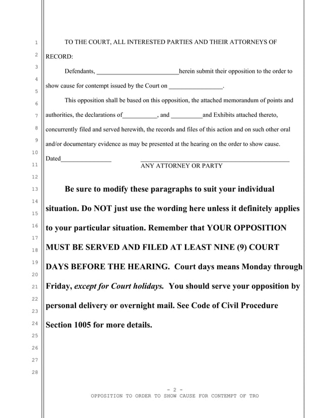 Sample opposition to order to show cause for civil contempt in ...