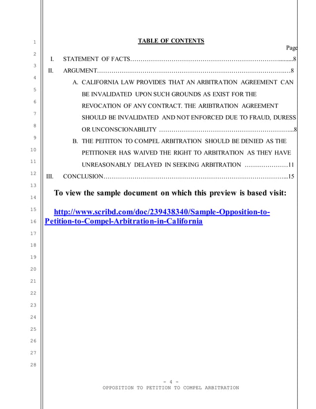 Sample opposition to petition to compel arbitration in California | DOC
