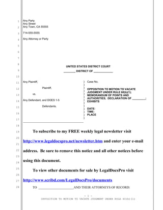 Sample opposition to rule 60(b)(1) motion to vacate judgment in United ...