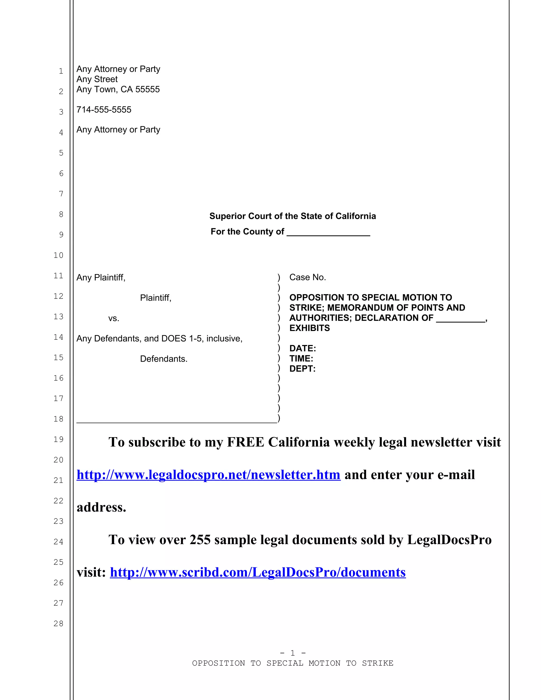 Sample California opposition to anti-SLAPP motion | DOC