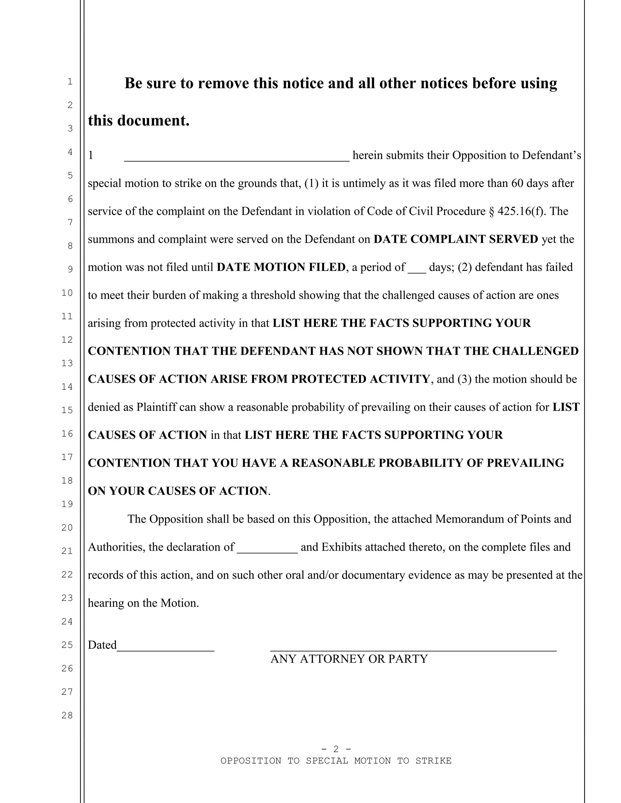 Sample California opposition to anti-SLAPP motion | DOC