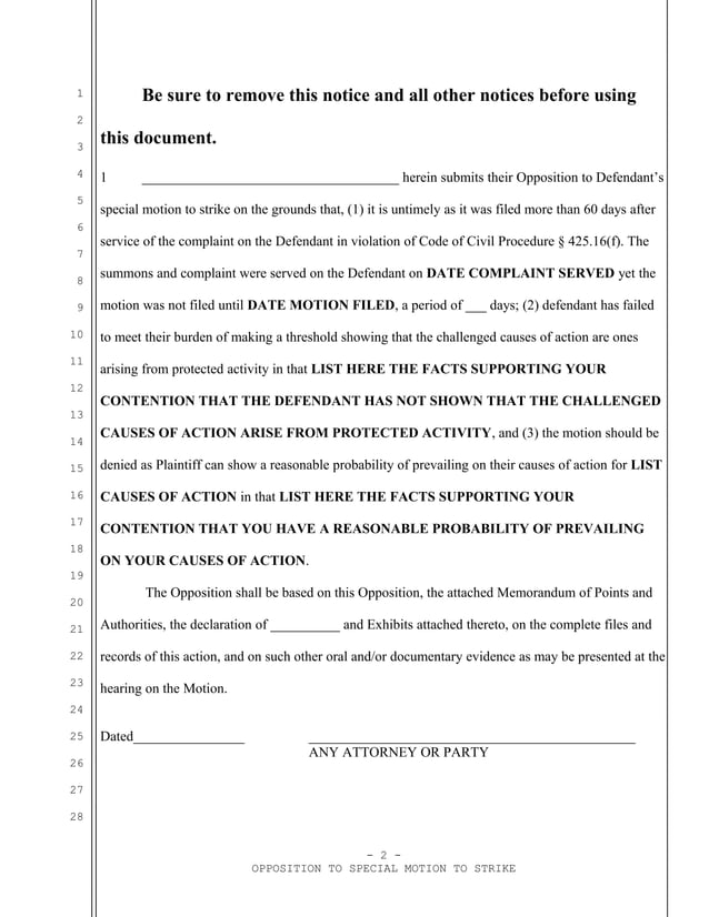 Sample California opposition to anti-SLAPP motion | DOC