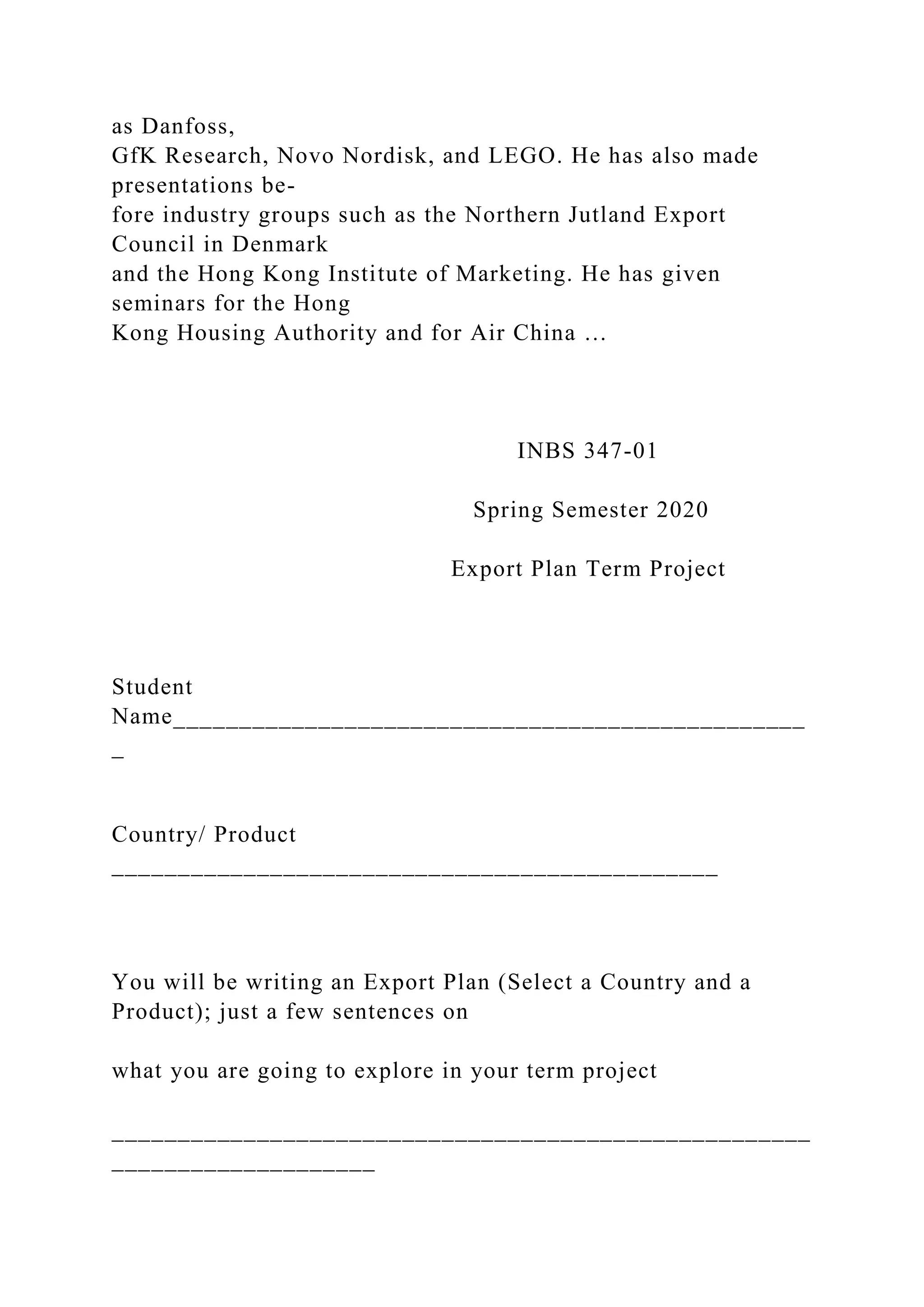 Sample Outline for an Export Plan (Source www.export.gov).docx