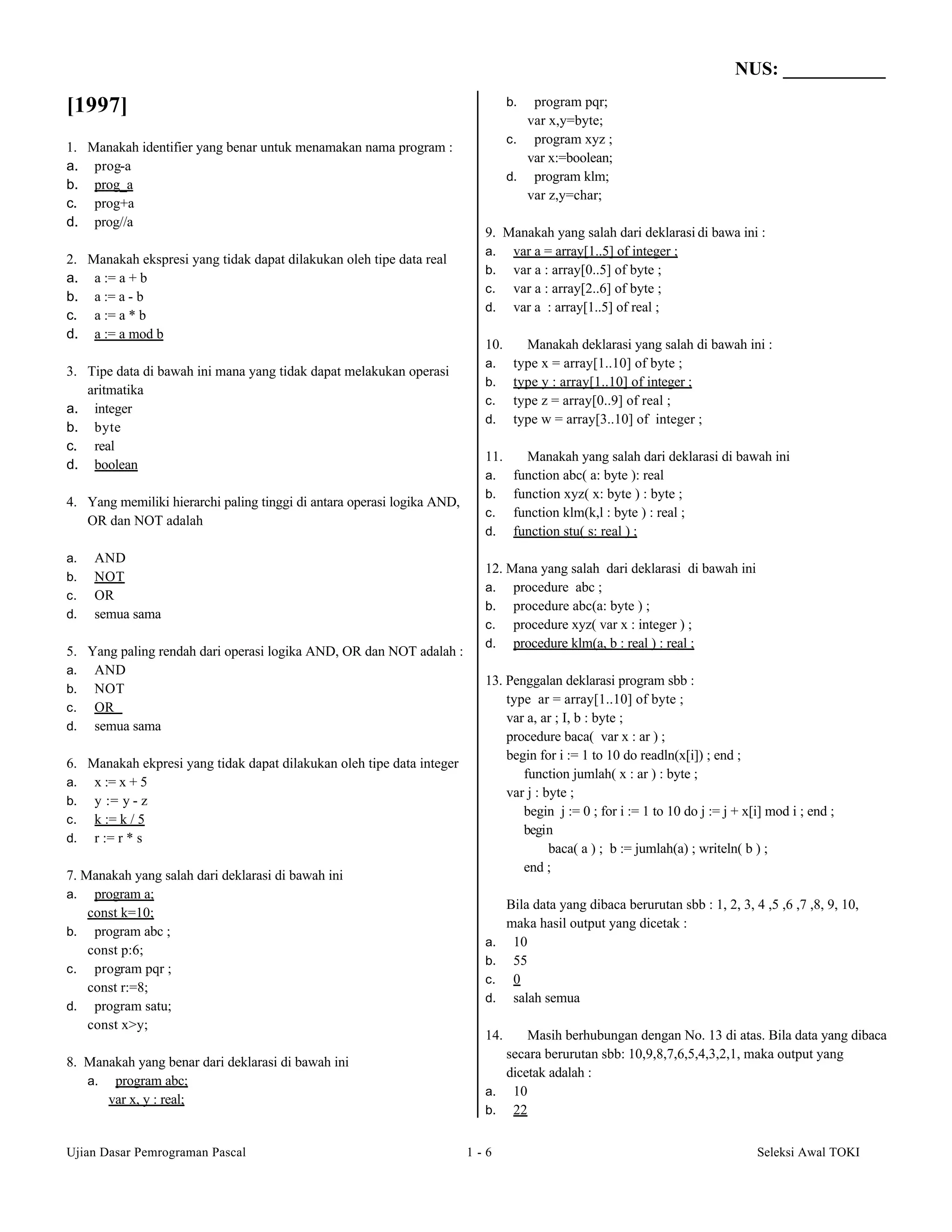 Soal Pascal OSN Komputer | PDF