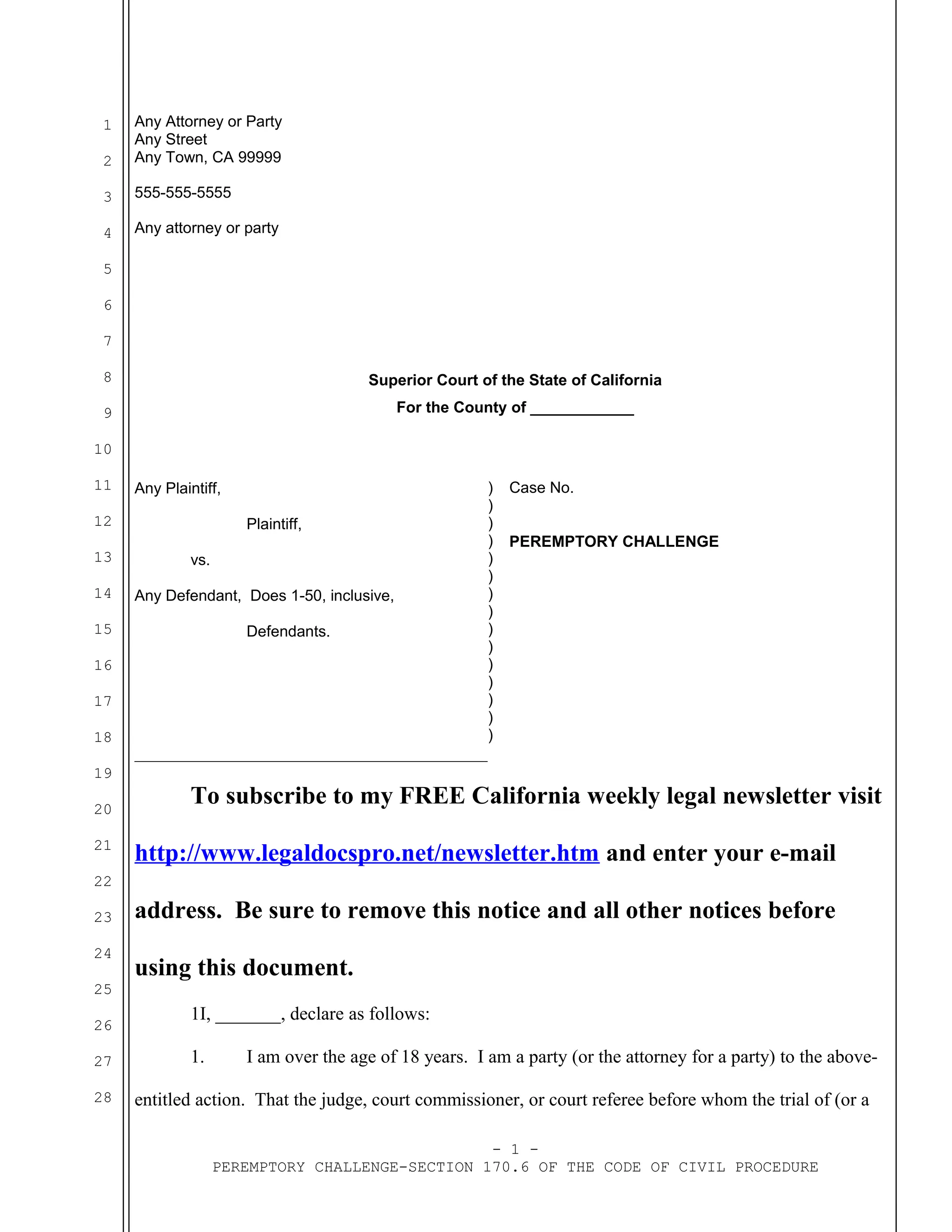 Sample California peremptory challenge | DOC