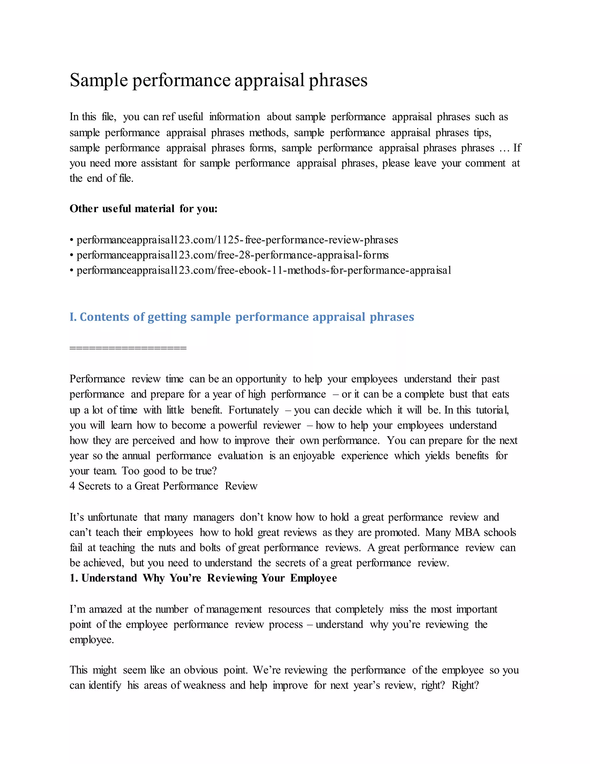 Sample performance appraisal phrases | DOCX | Resume Writing and Advice ...