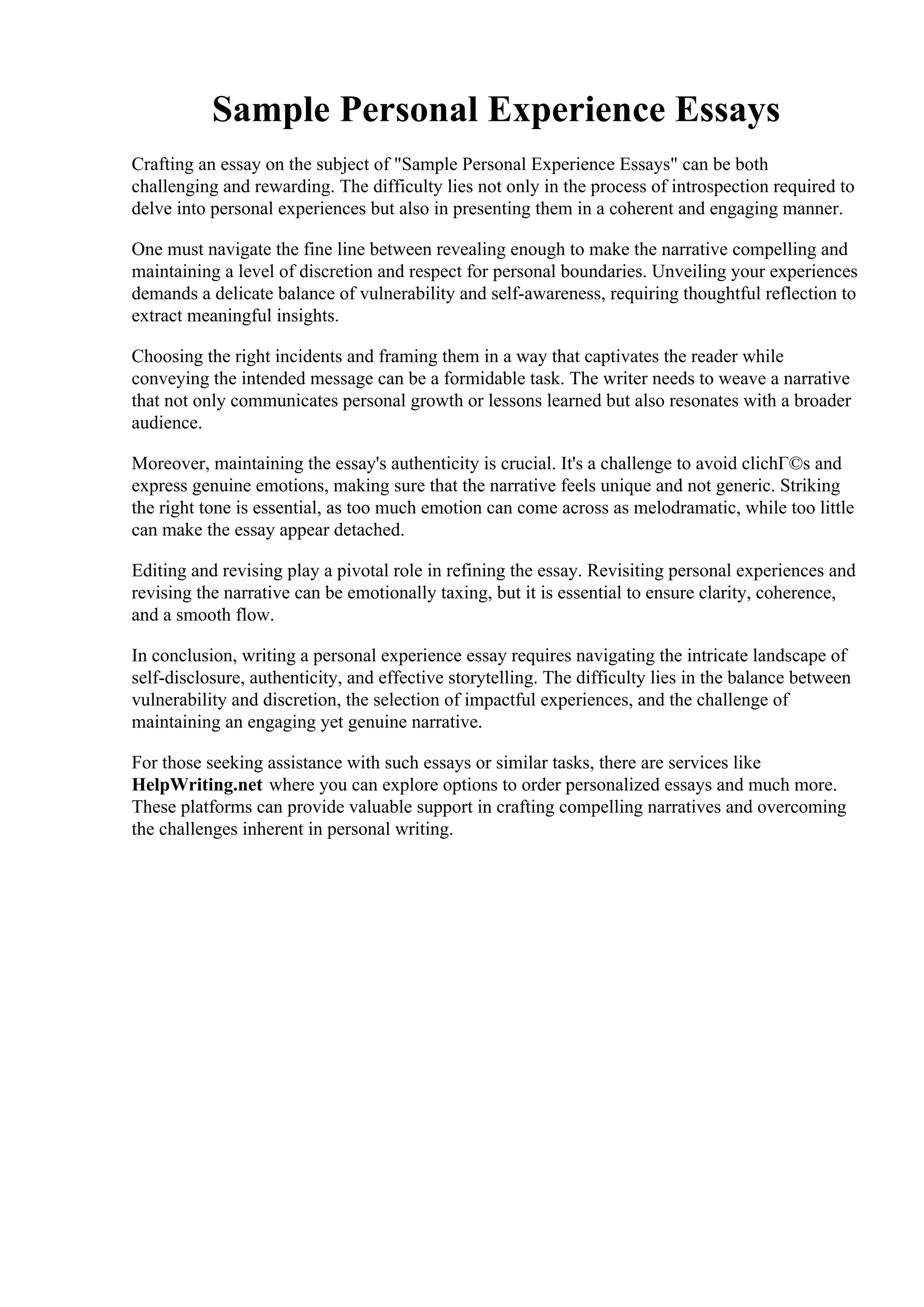 Sample Personal Experience Essays. FREE 9 Sample Personal Essay ...