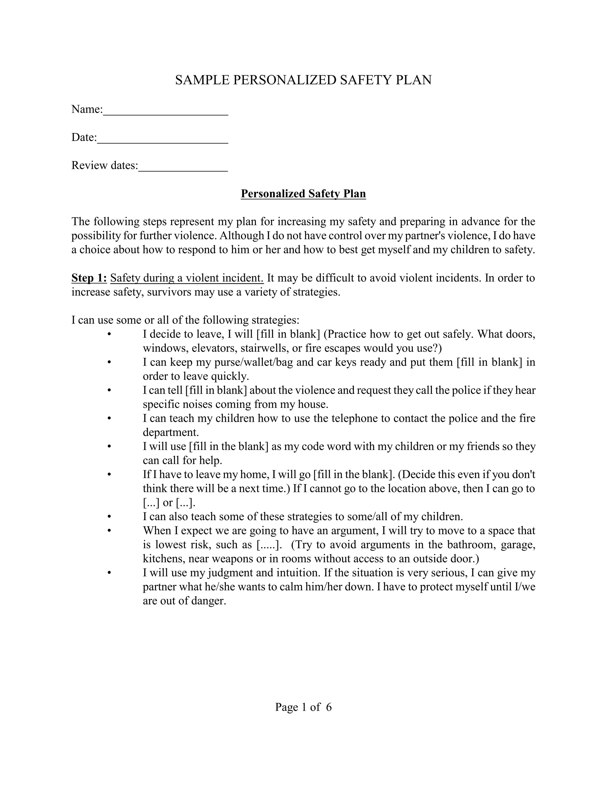 Sample Personalized Safety Plan | PDF | Phone Services | Home Utilities