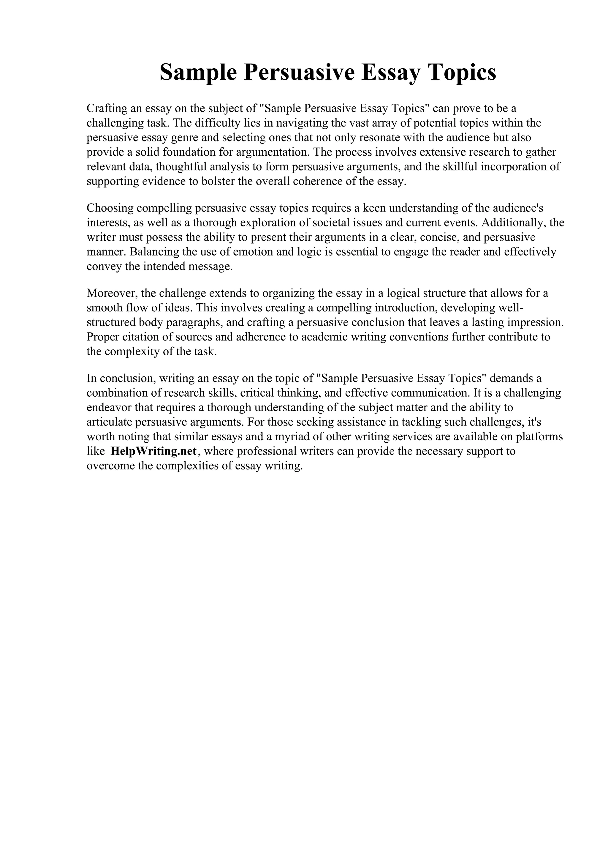 Sample Persuasive Essay Topics. . Persuasive writing, Persuasive ...