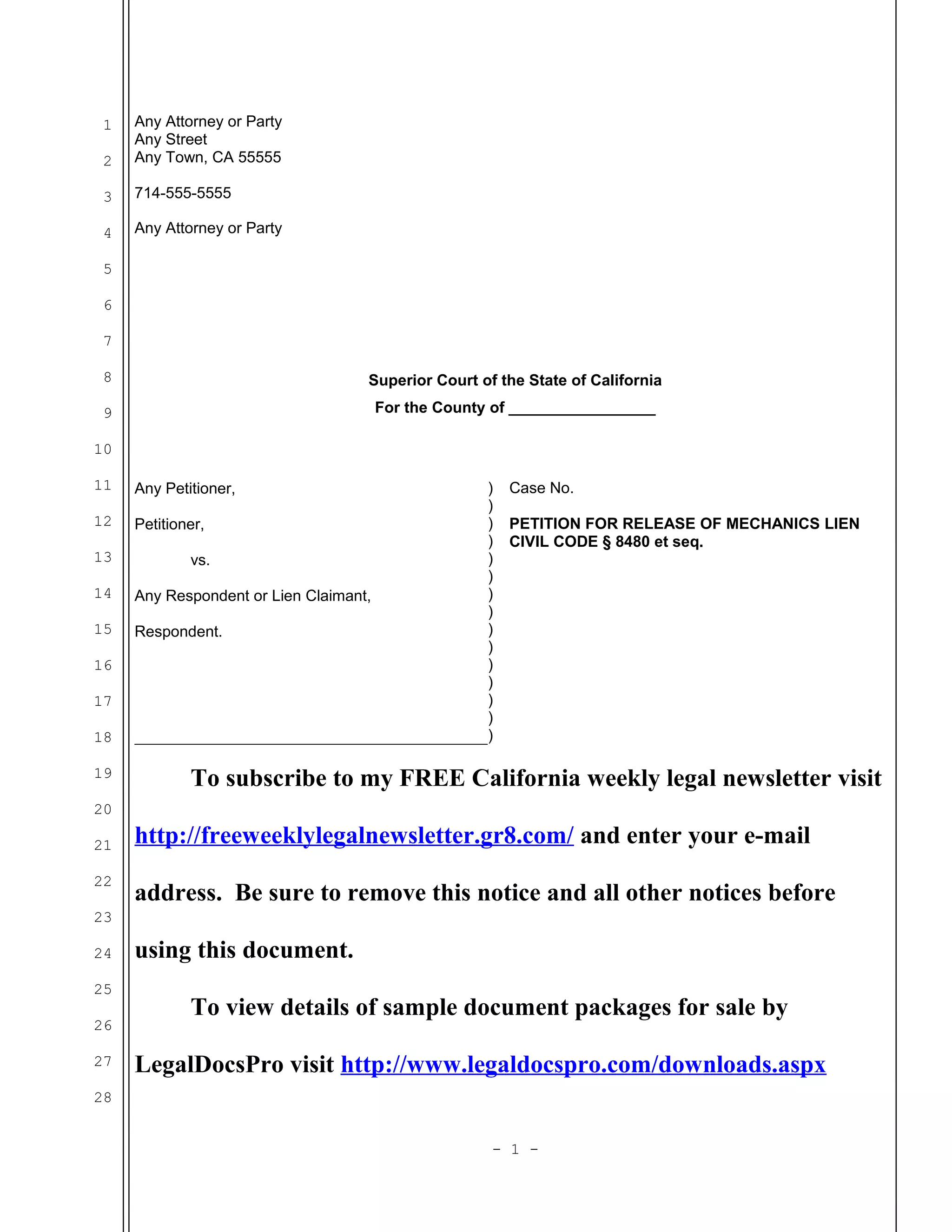 Sample California petition for release of mechanics lien | DOC