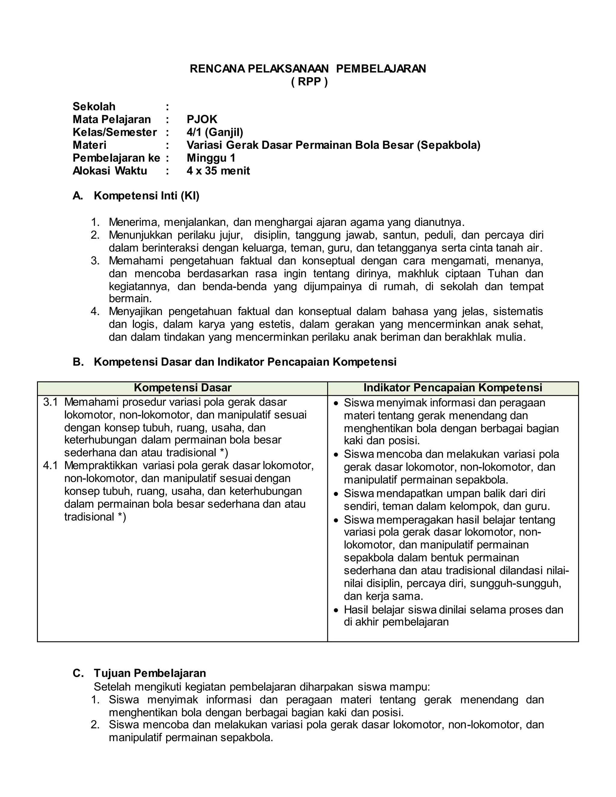 RPP PJOK kelas 4 Revisi 2017 | DOCX