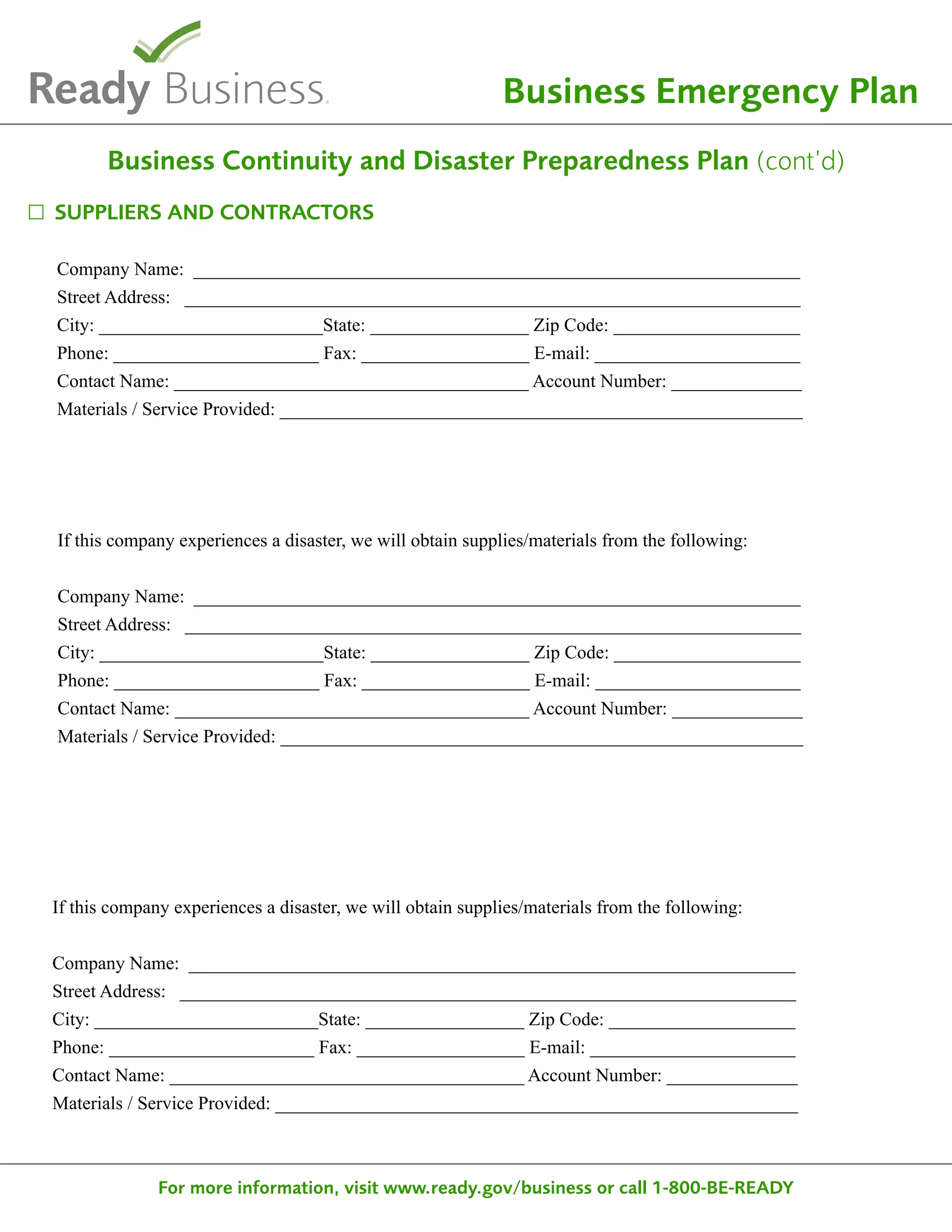 Ready.gov Sample Disaster Planning Template | PDF