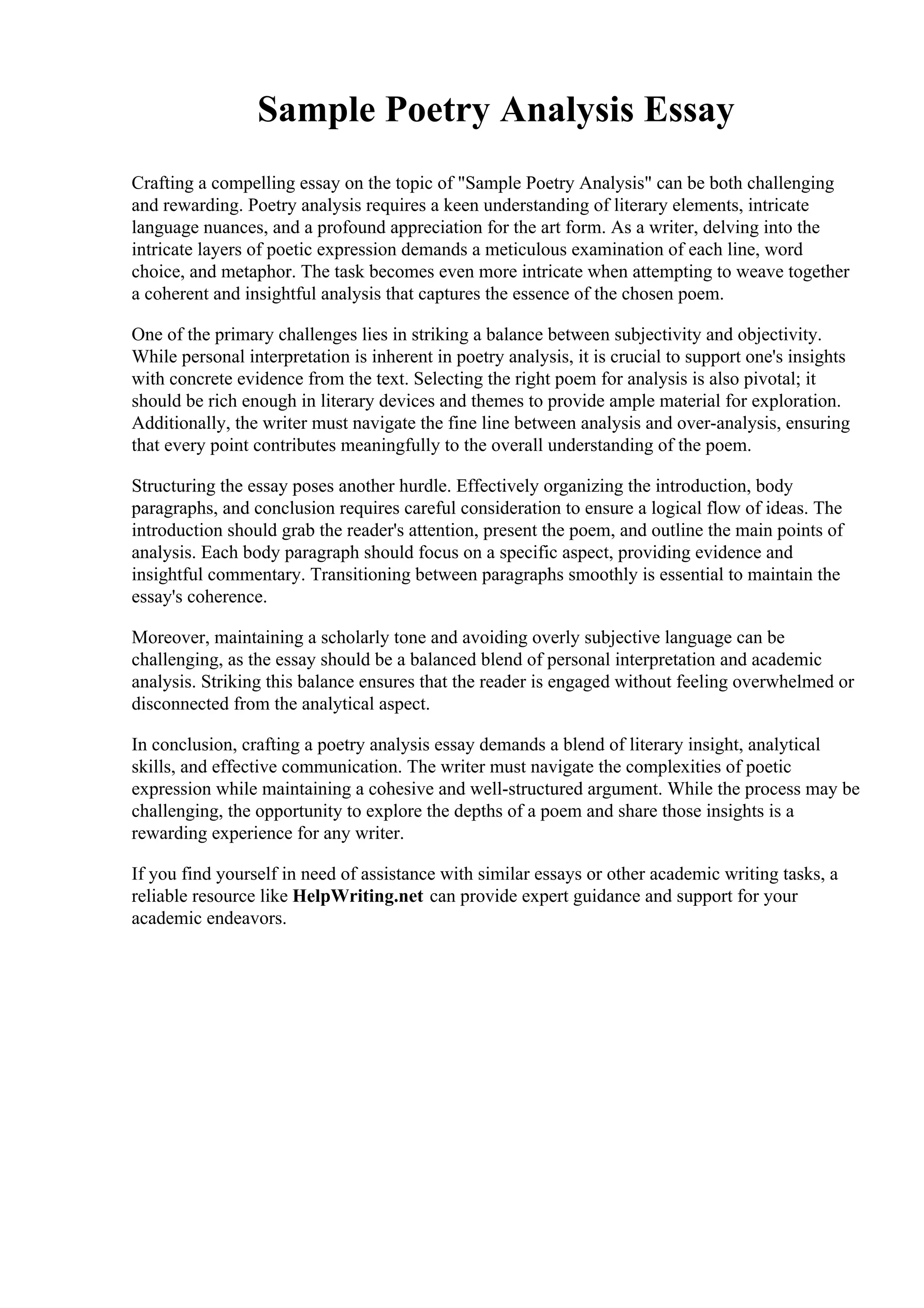 Sample Poetry Analysis Essay. Roanoke College | PDF