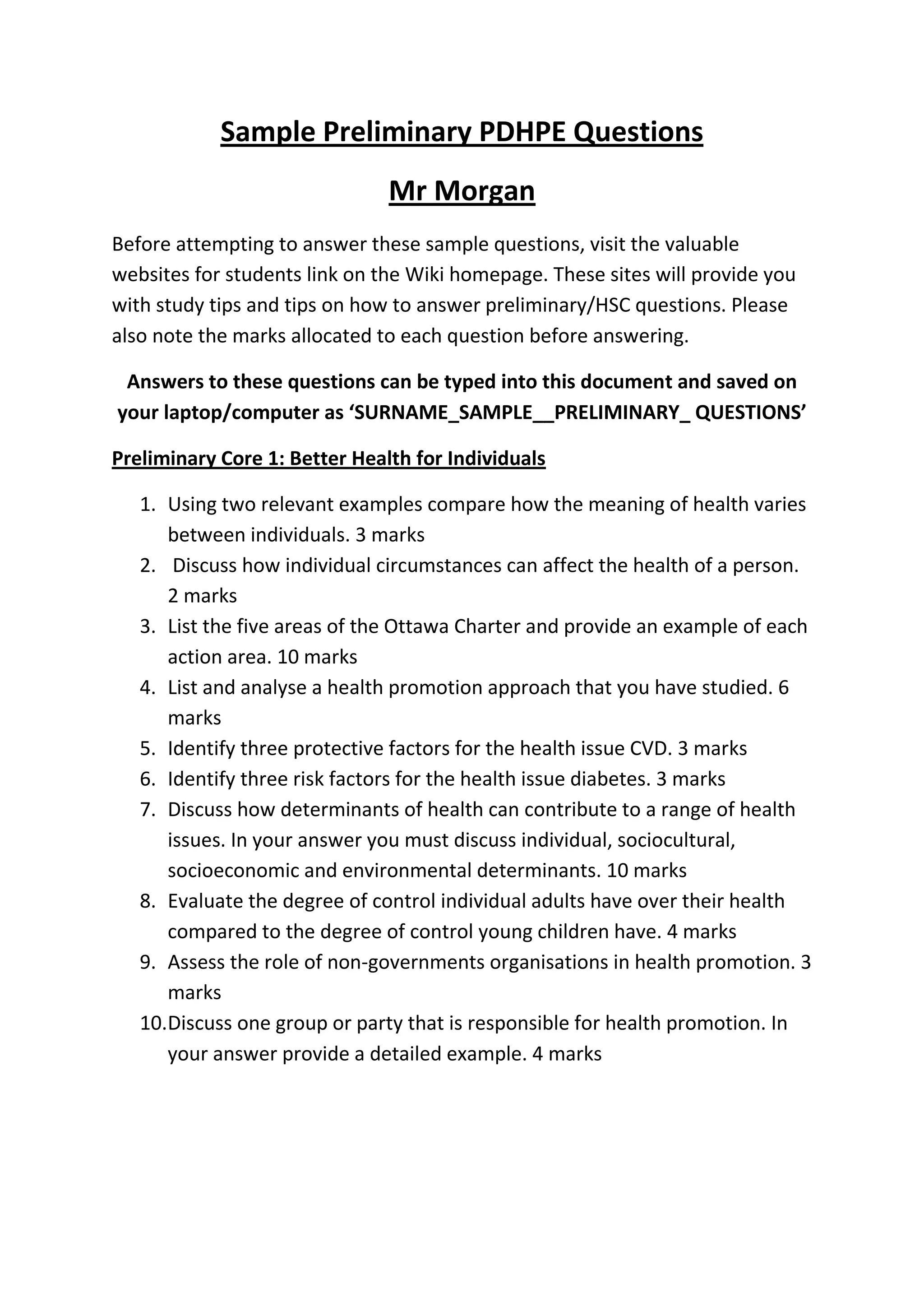 Sample preliminary pdhpe questions | PDF