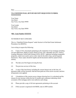 Sample Qualified Written Request letter pursuant to RESPA | DOC