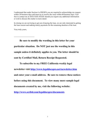 Sample Qualified Written Request letter pursuant to RESPA | DOC