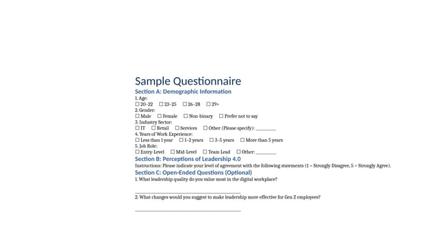 Sample Questionnaire Section A: Demographic Information | PPTX