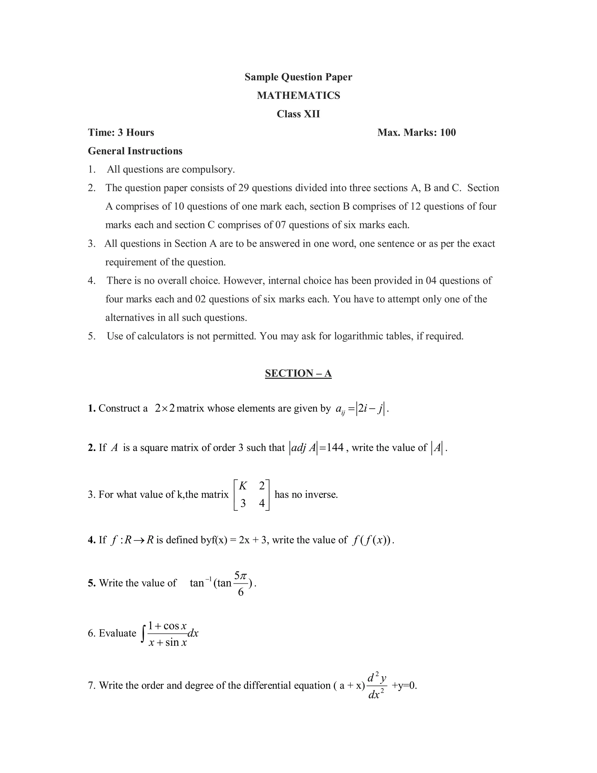 Class XII CBSE Mathematics Sample question paper with solution | PDF