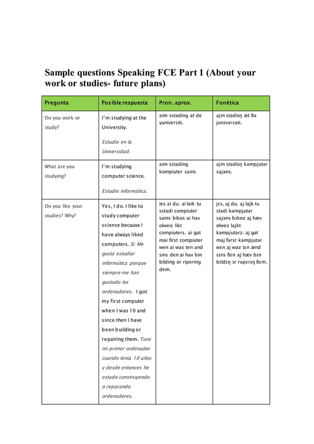 Sample questions speaking fce part 1 | DOCX