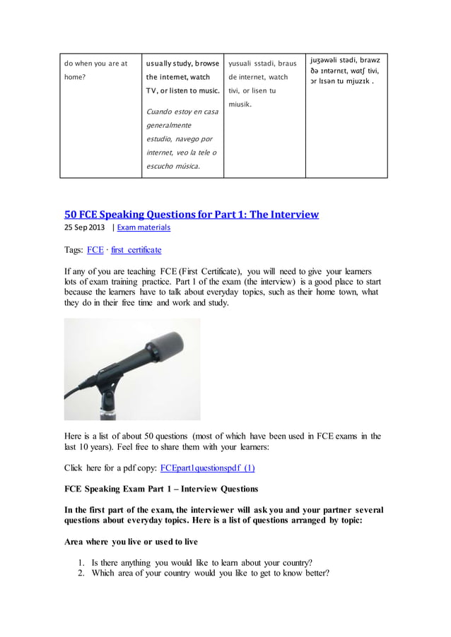 Sample questions speaking fce part 1 | DOCX